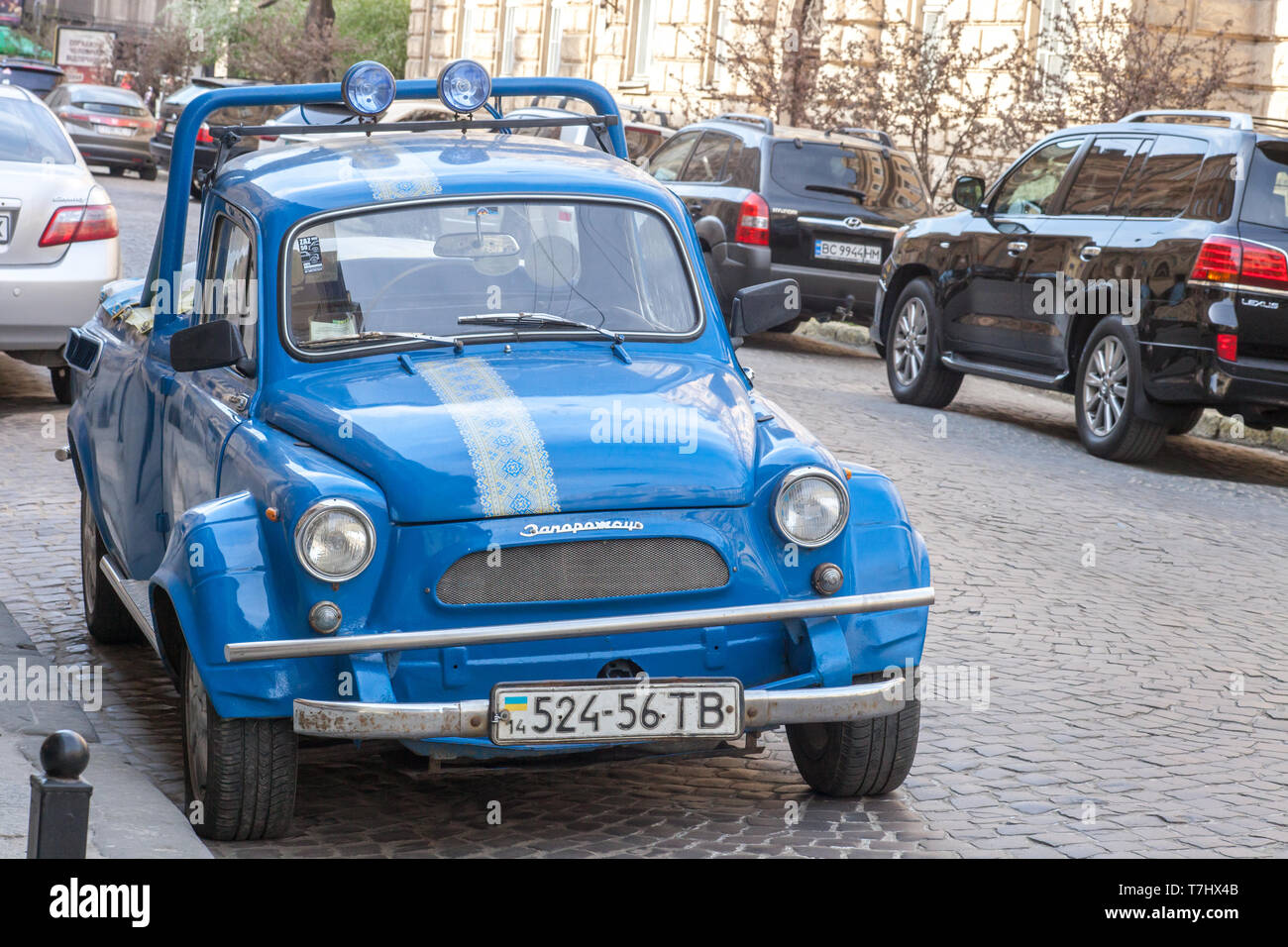 Lviv, Ukraine - 14 April 2019: Old retro Soviet Union car blue ...