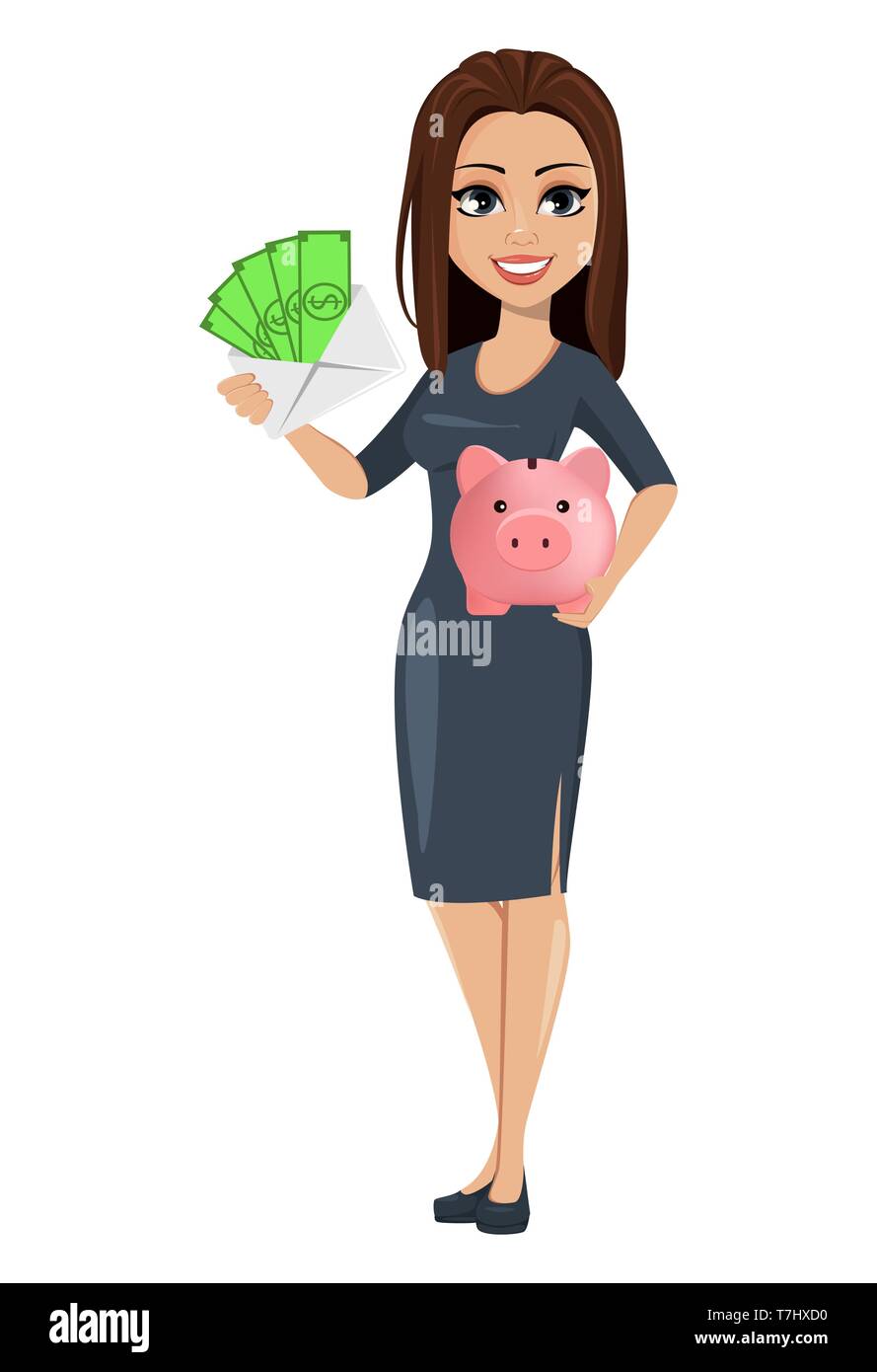 Modern young business woman with piggy bank and envelope full of money ...