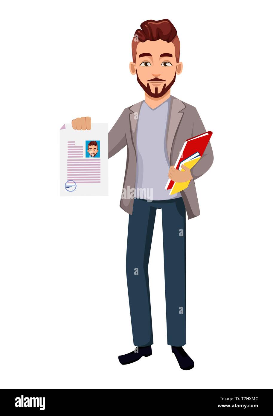 Handsome confident business man with documents and resume. Cartoon ...