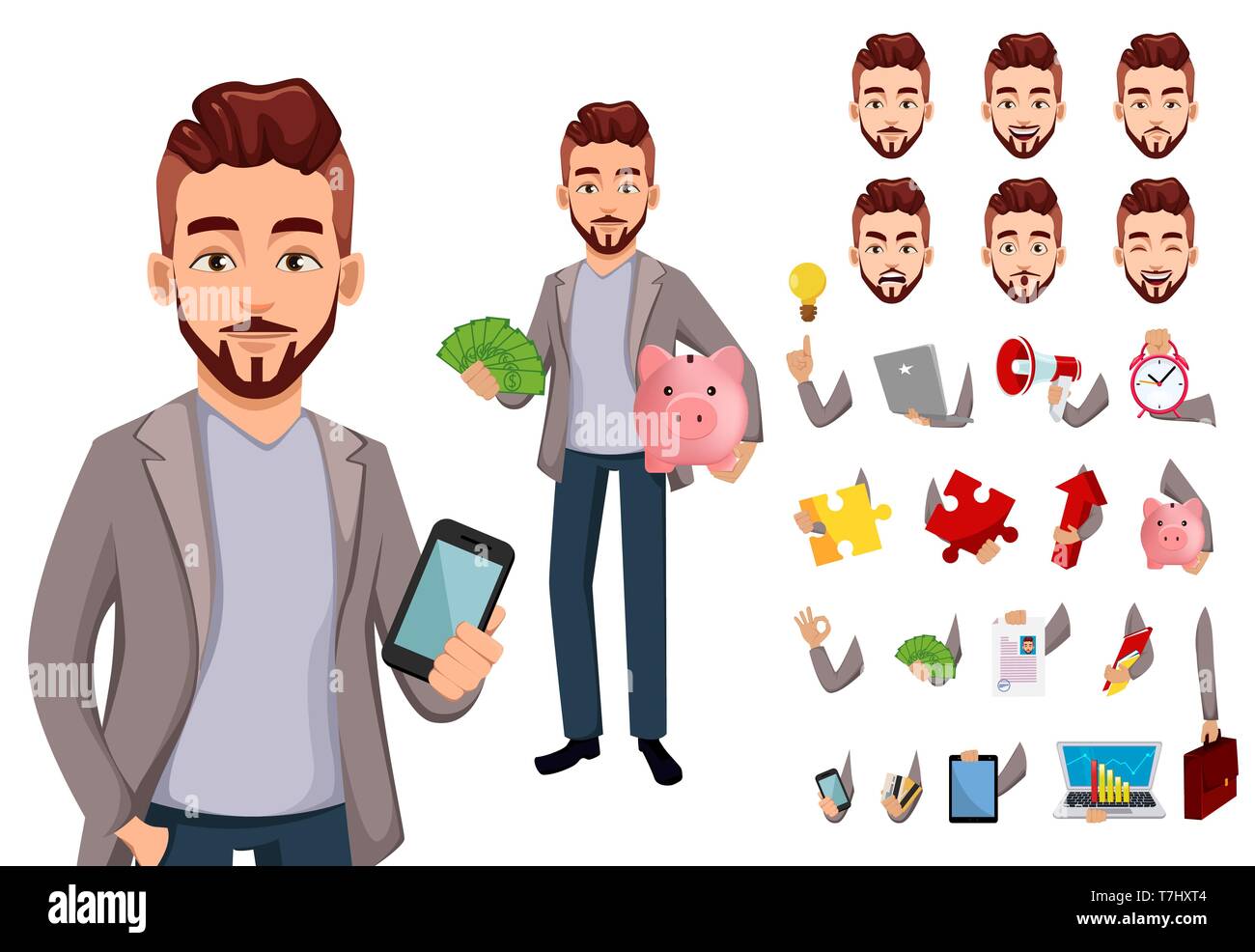 Handsome confident business man, pack of body parts, emotions and ...