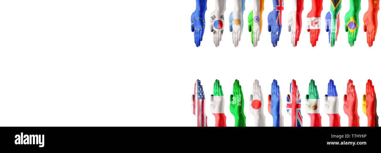 Hands colored in flags of participating countries of The Group of ...