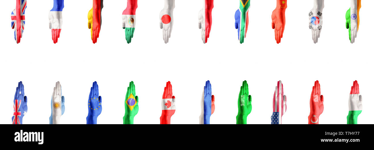 Hands colored in flags of participating countries of The Group of ...