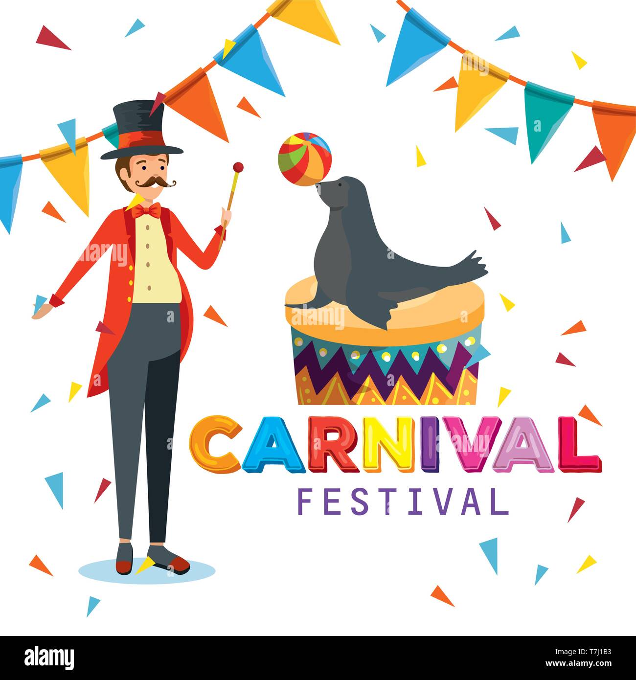 man magician and seal wild animal with ball and party banner Stock ...