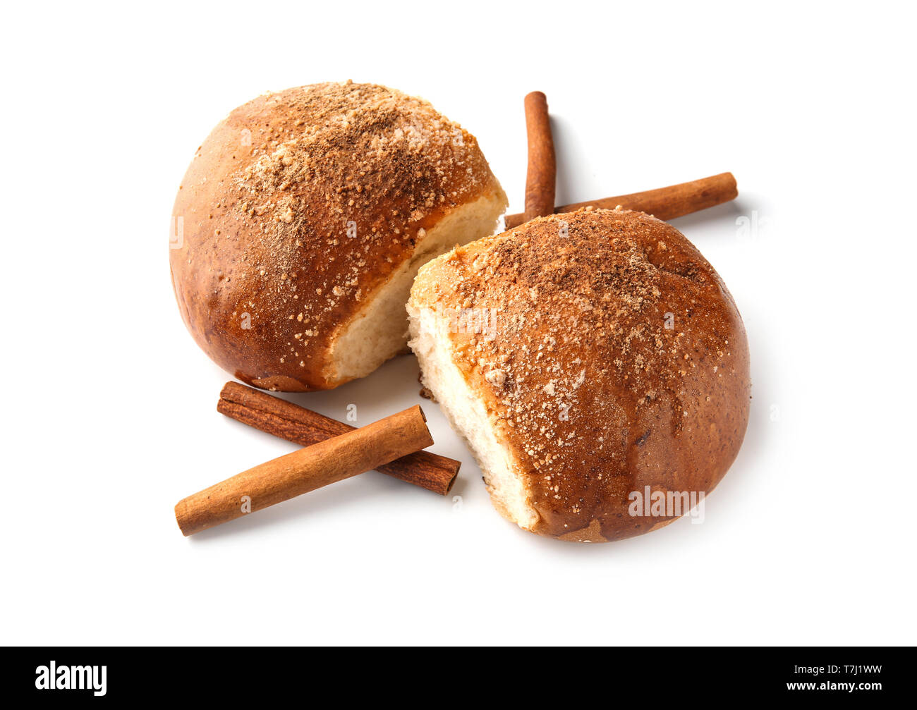 Sweet cinnamon buns on white background Stock Photo - Alamy