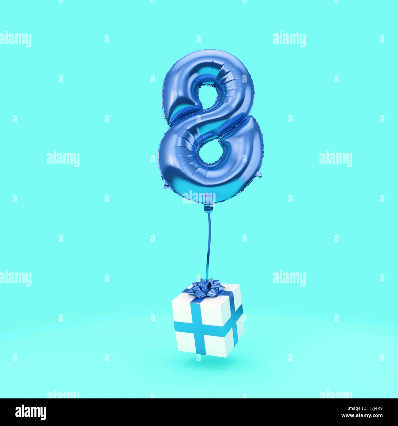 Number 8 birthday celebration foil helium balloon with presents. 3D ...