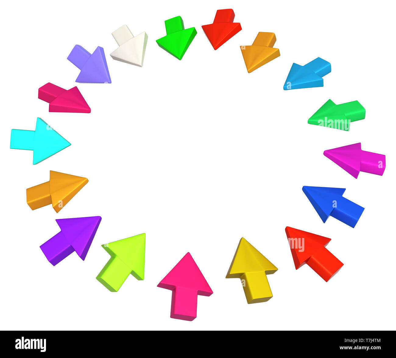 Color symbolic arrows circle gather, 3d illustration, horizontal, over ...
