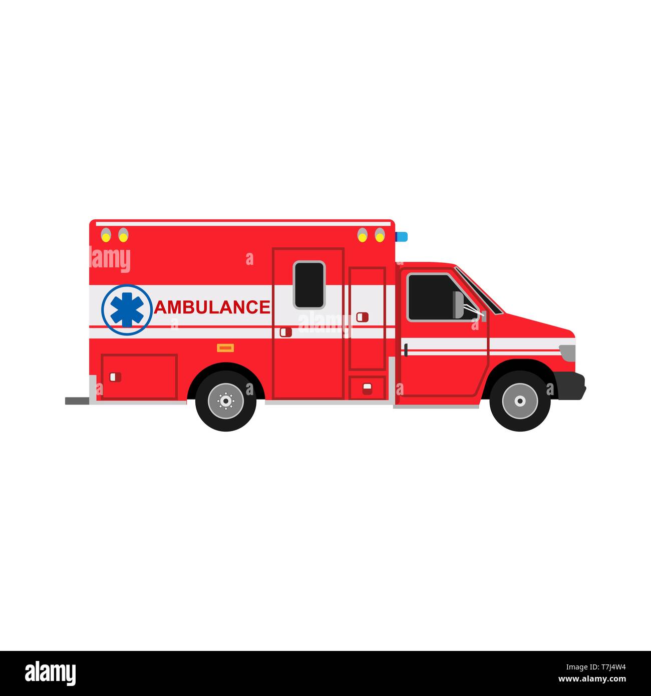 Ambulance van flat vector side view. Help emergency auto red ...