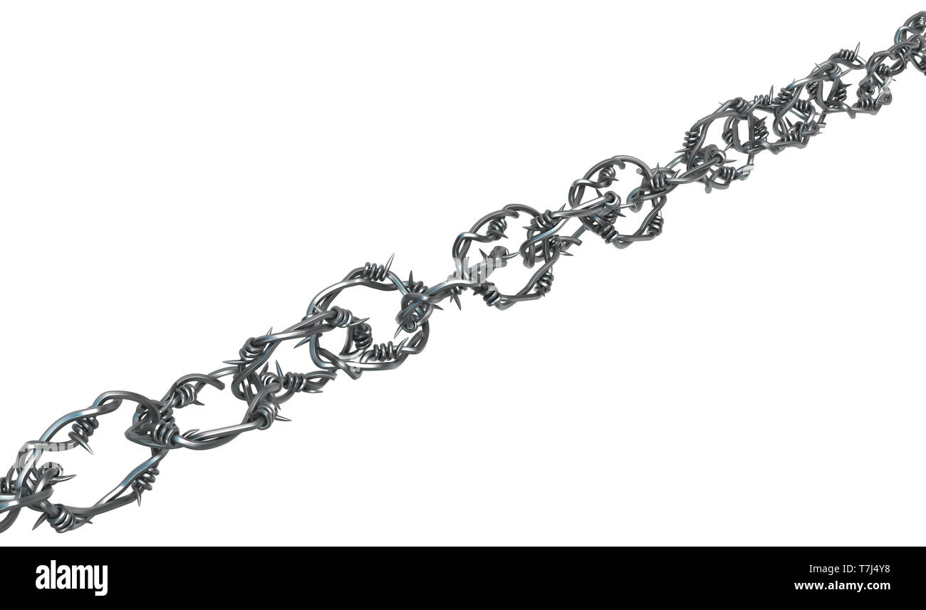 Barbed wire links chain, grey metal 3d illustration, isolated ...