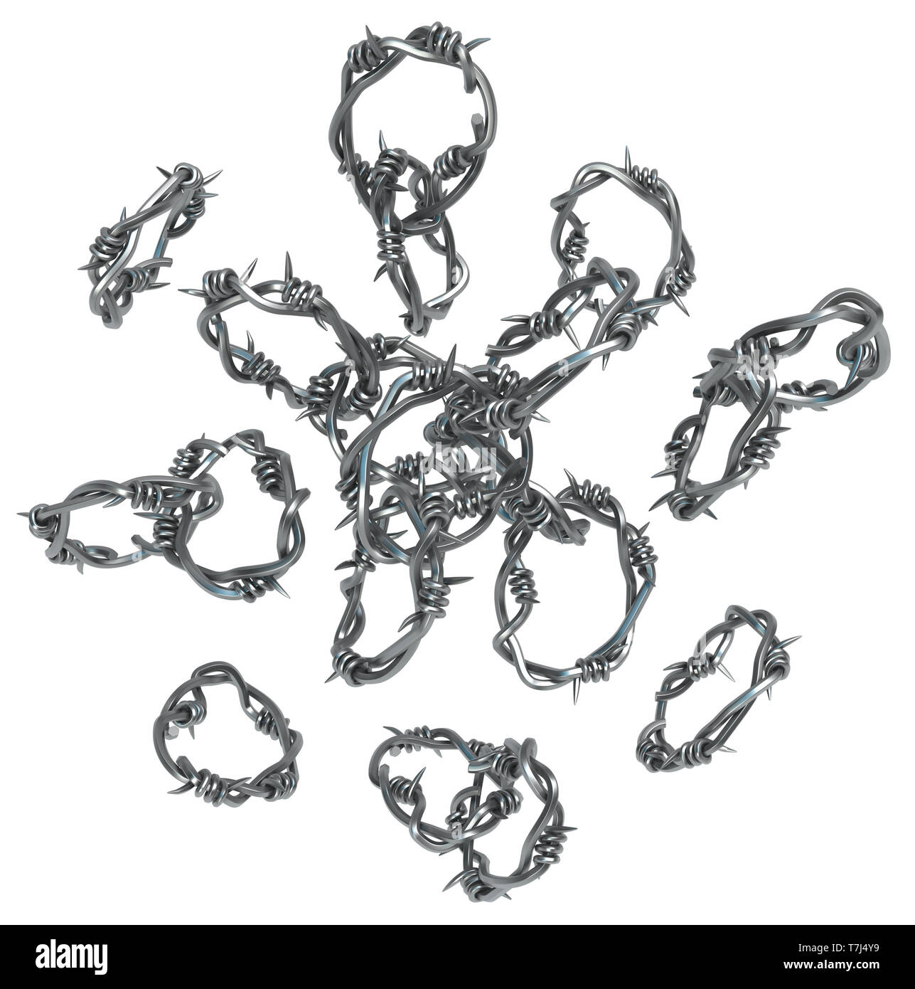 Barbed wire chain links bunch, grey metal 3d illustration, isolated ...