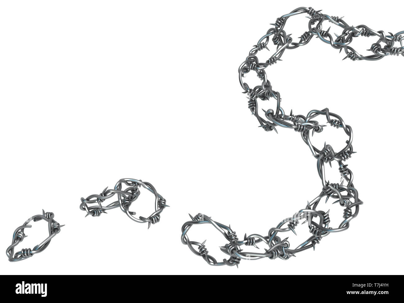 Barbed wire links chain detach, grey metal 3d illustration, isolated ...