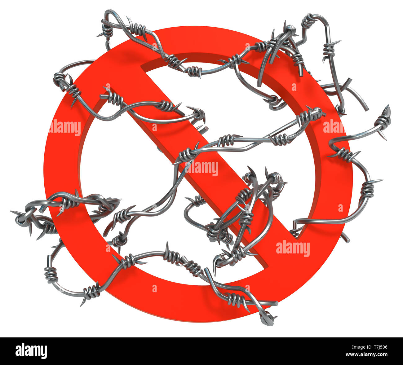 Barbed metal wire ban sign red, 3d illustration, isolated, horizontal ...