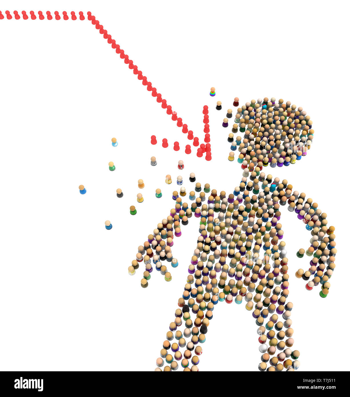Crowd of small symbolic figures forming big person shape arrow strike ...