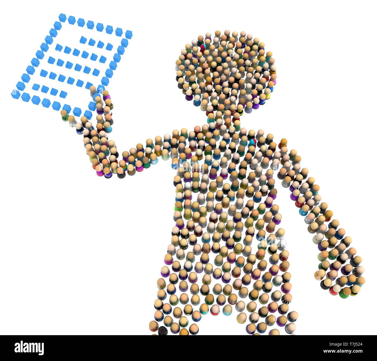 Crowd of small symbolic figures forming big person shape holding ...