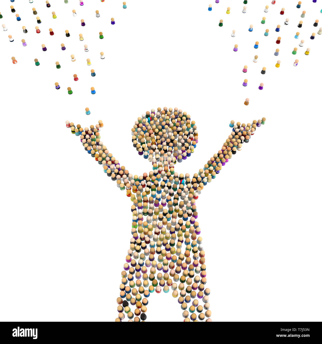 Crowd of small symbolic figures forming big person shape throwing ...
