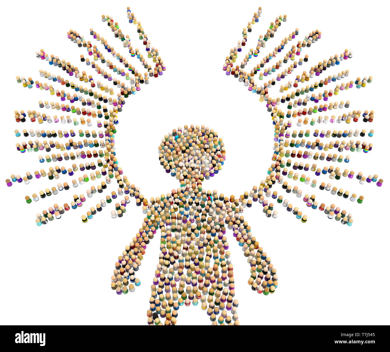 Crowd of small symbolic figures forming big person shape with big wings ...