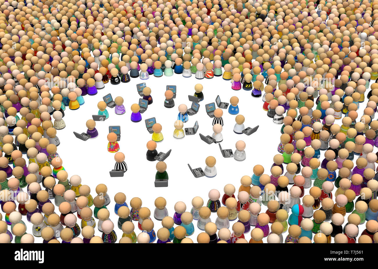 Crowd of small symbolic figures, group using laptops, 3d illustration ...