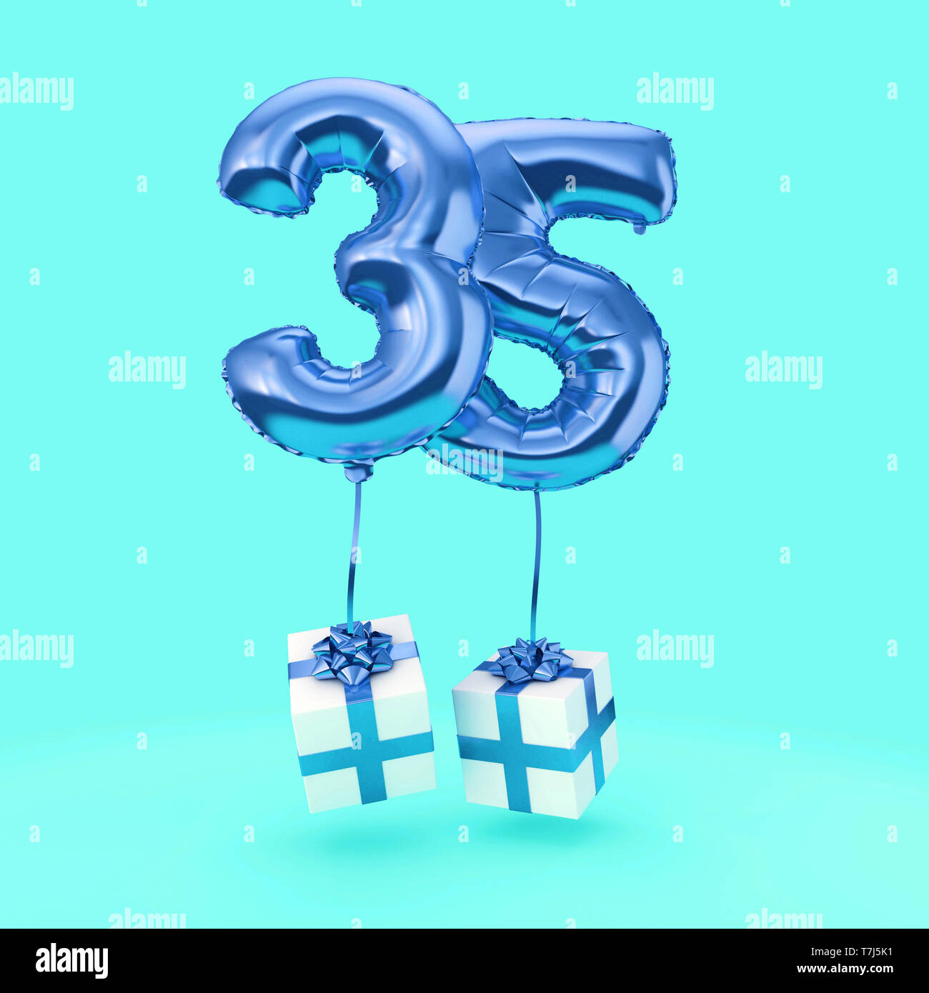 Number 35 birthday celebration foil helium balloon with presents. 3D ...