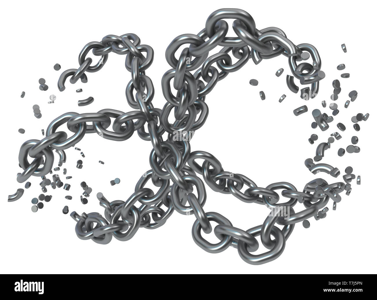 Breaking chain loops bunch, dark grey metal 3d illustration, isolated ...