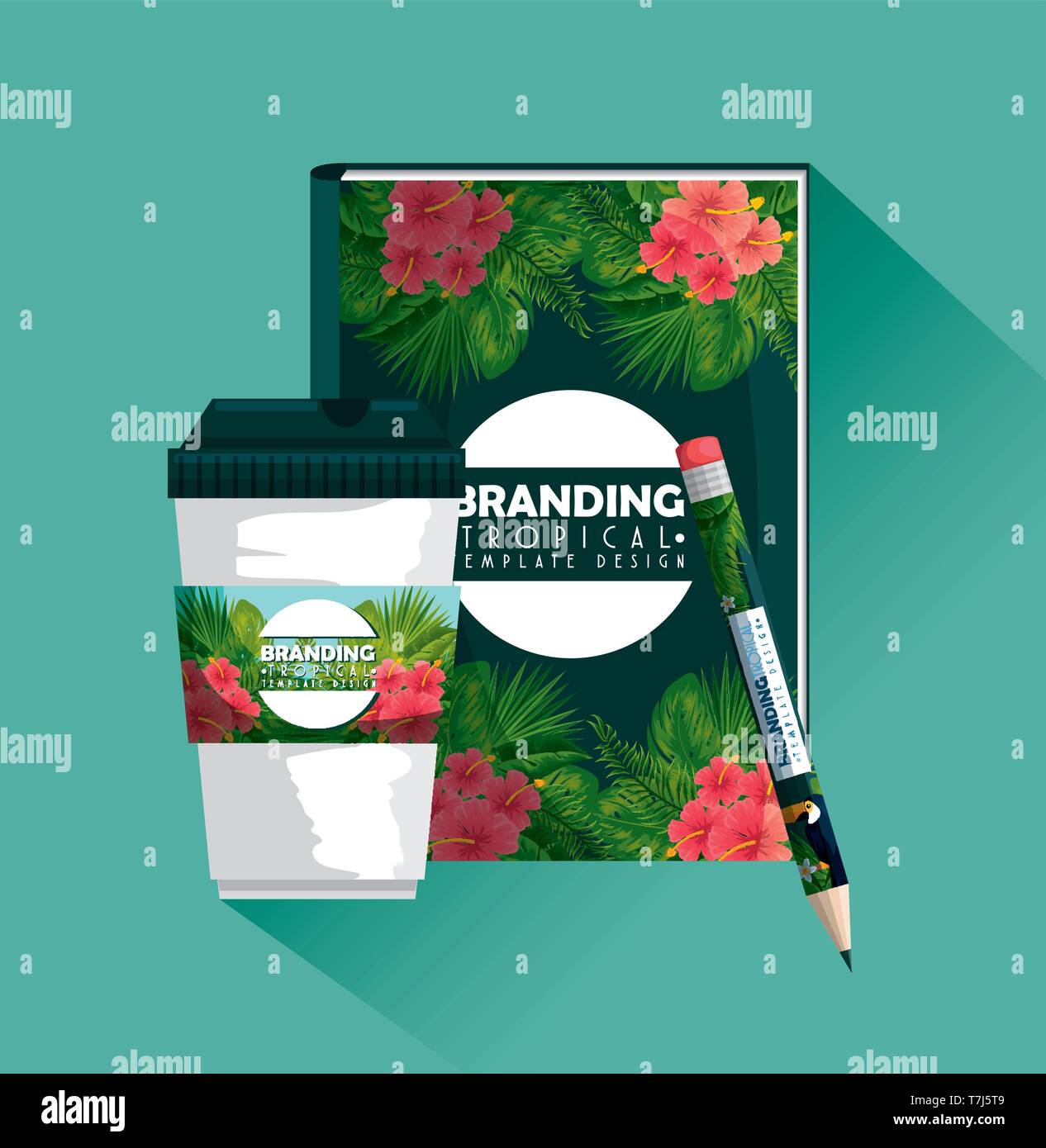 tropical design of pencil and notebook with plastic coffee cup Stock ...