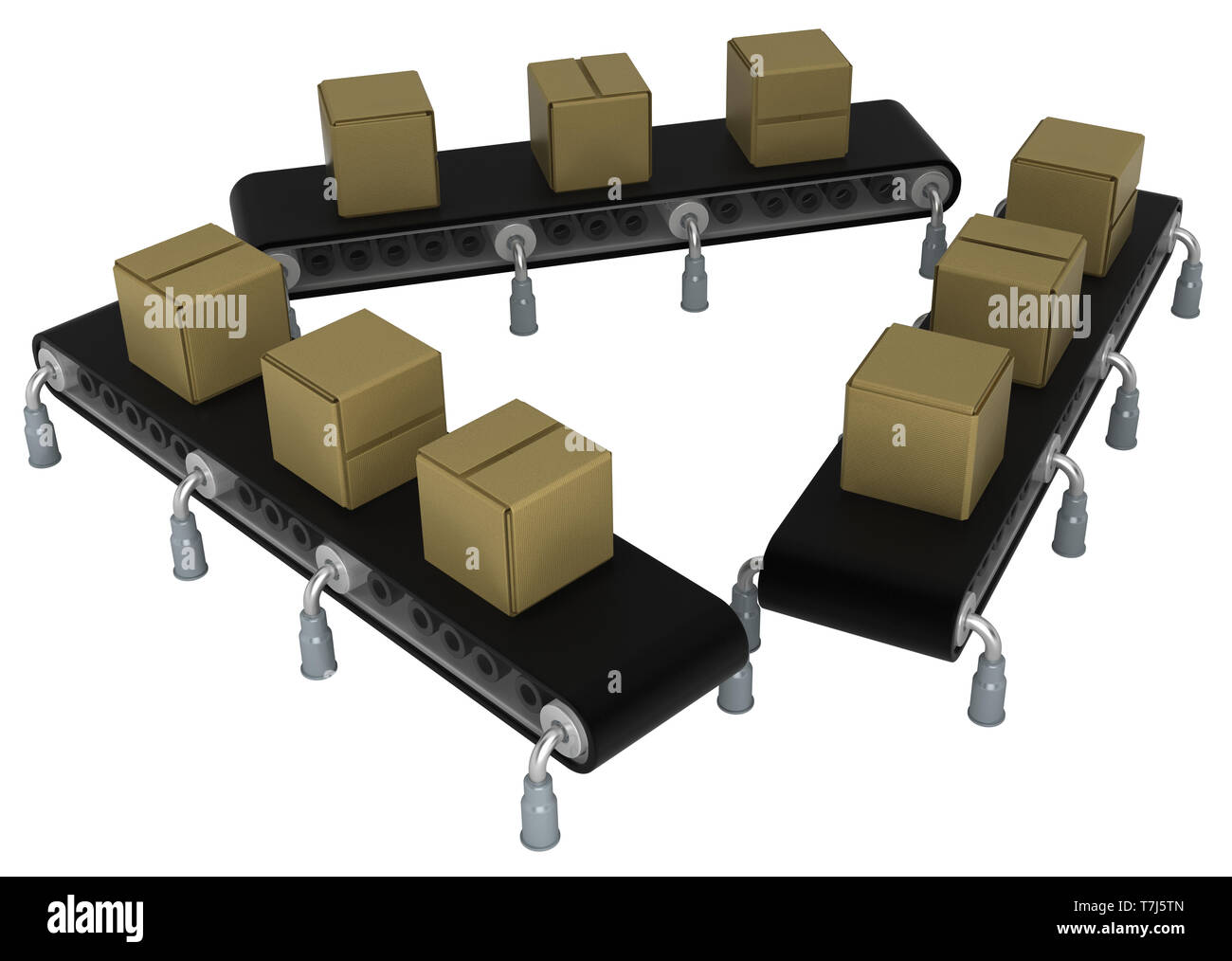 Conveyor belts triangle with cardboard boxes, isolated, 3d illustration ...