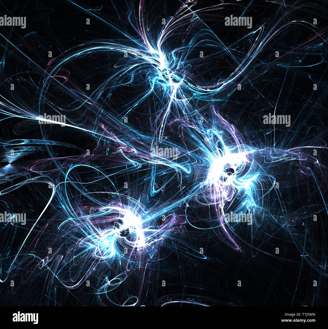 Energy flow triple node abstract, horizontal, over black background ...
