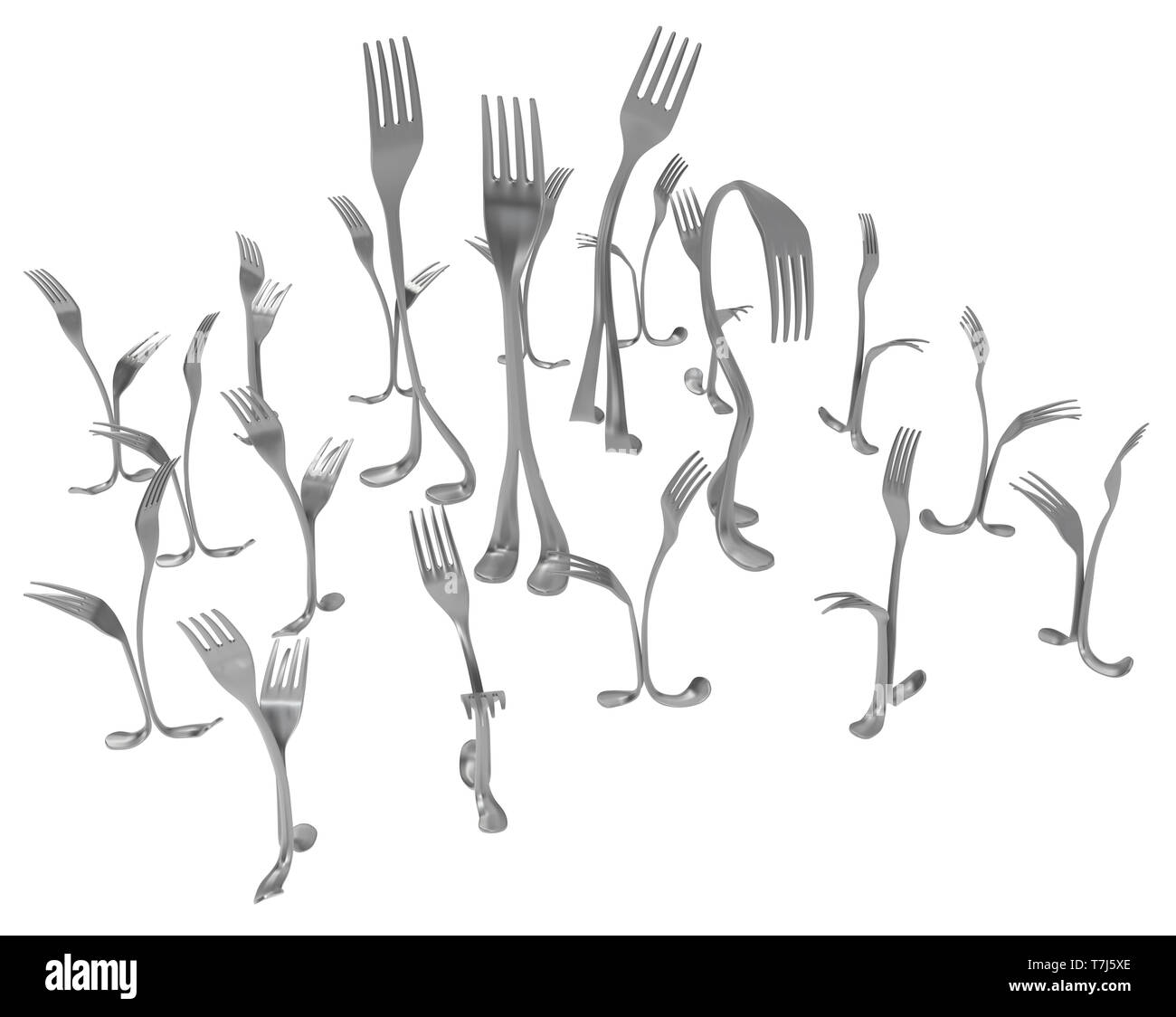 Fork metal with legs, cutlery growth, 3d illustration, horizontal ...