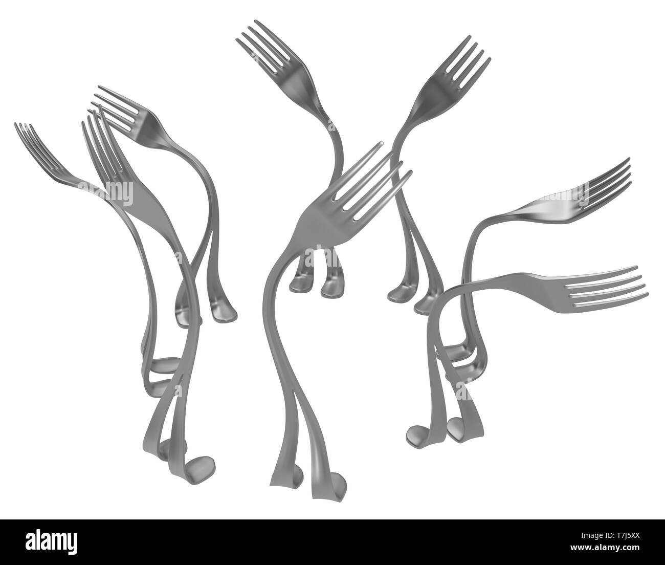 Fork metal with legs, group bent leaning to one side, 3d illustration ...