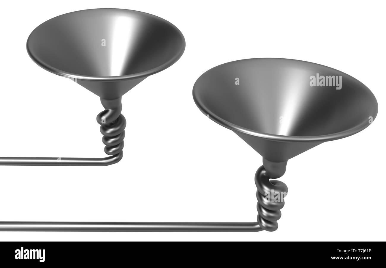 Metal funnels abstract spiral connection, 3d illustration, horizontal ...