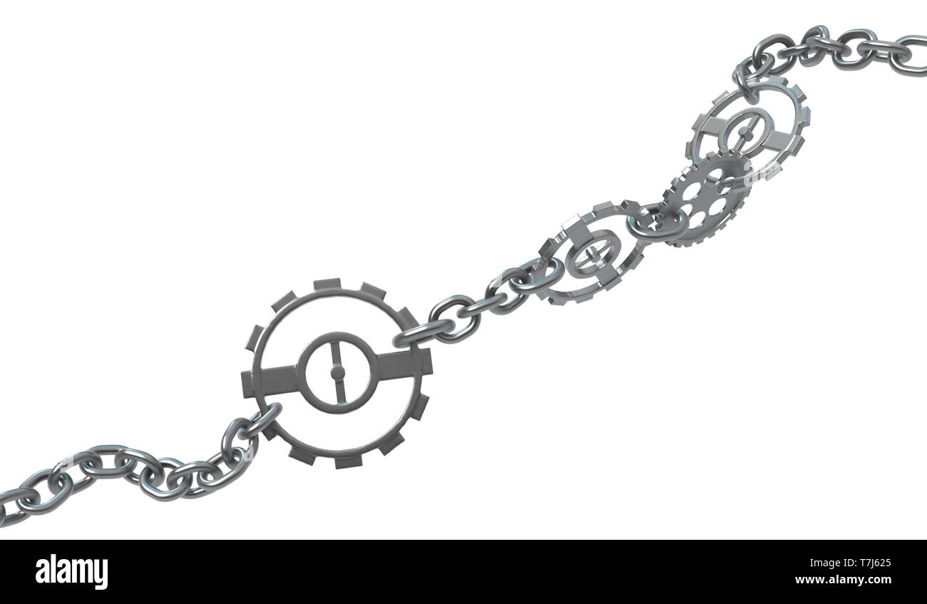 Chain gears joined, dark grey metal 3d illustration, isolated ...