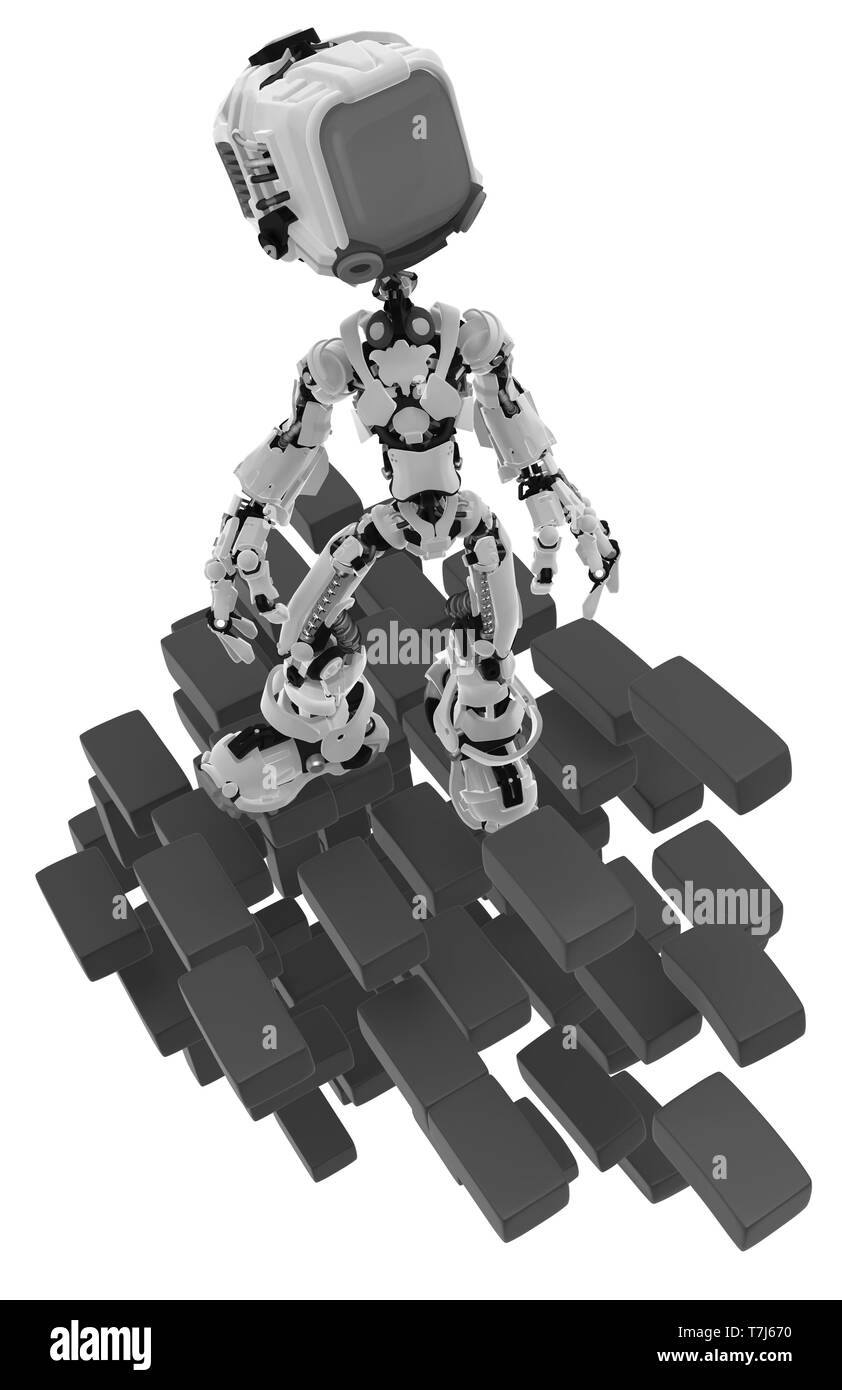 Screen robot figure character pose standing on black bricks, 3d ...
