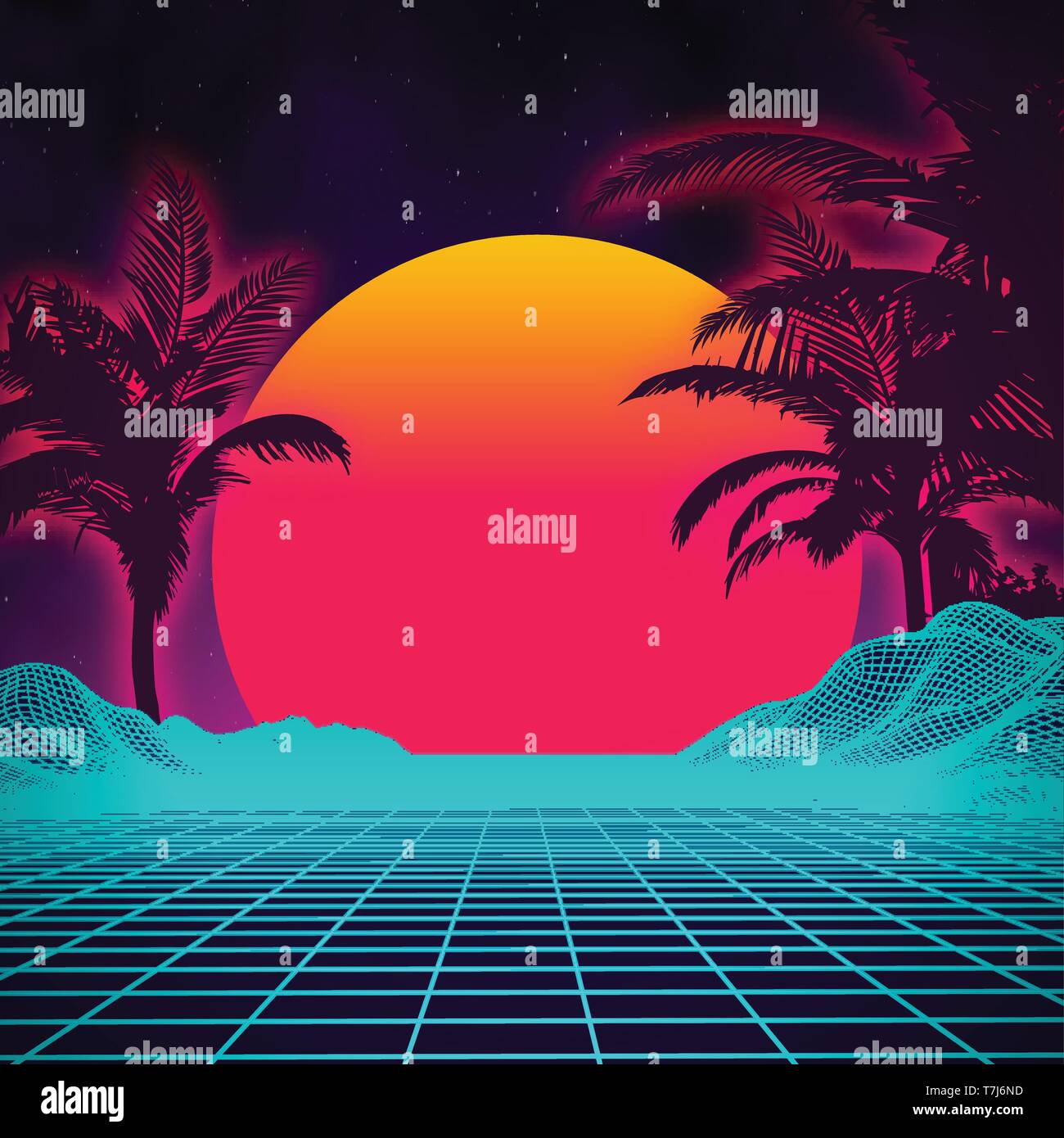 Retro background futuristic landscape 1980s style. Digital retro ...