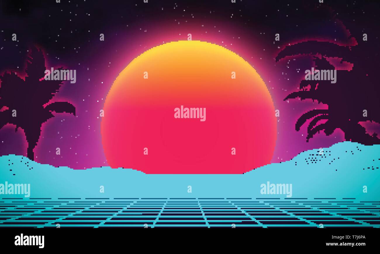 Retro background futuristic landscape 1980s style. Digital retro ...