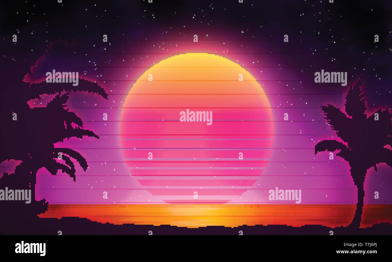 Retro background futuristic landscape 1980s style. Digital retro ...