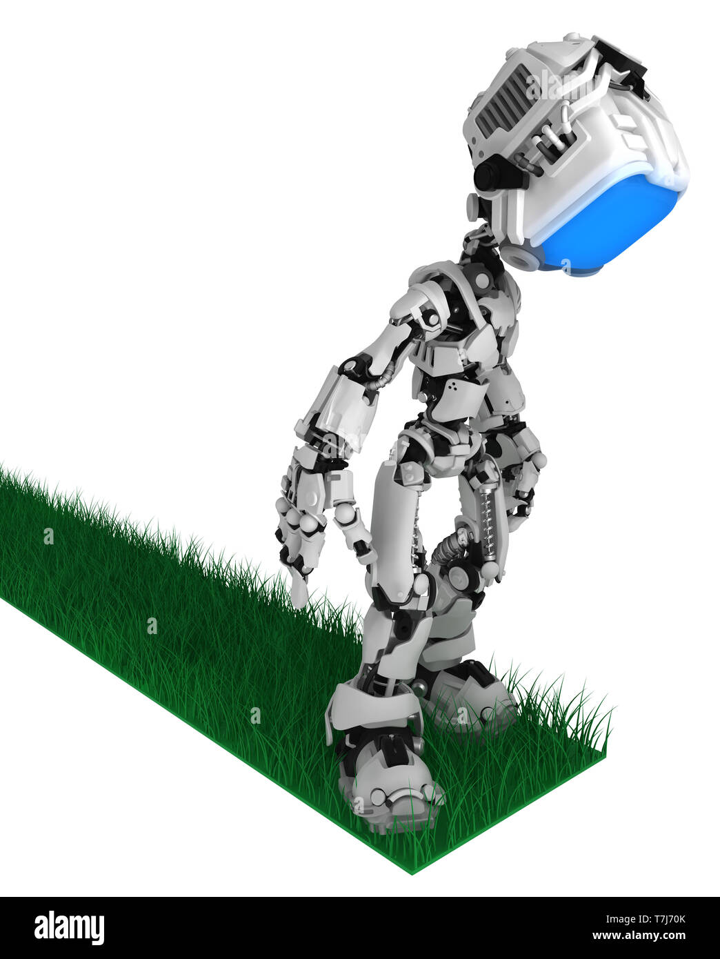Screen robot figure character pose standing on grass path end, 3d ...
