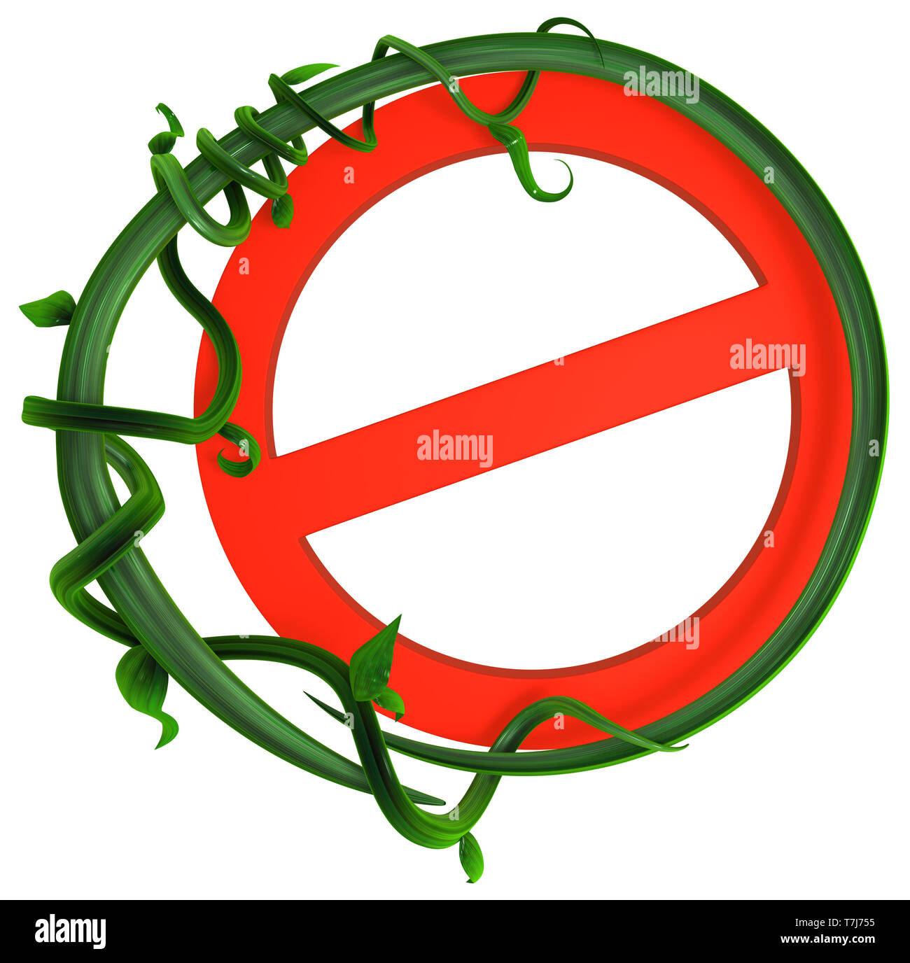 Plant vines green growing twisting ring around ban symbol, 3d ...