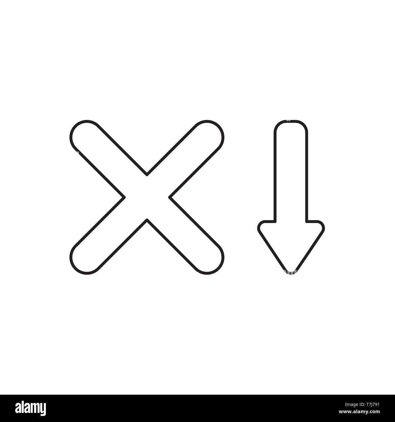 Vector icon concept of x mark with arrow moving down. Black outlines ...