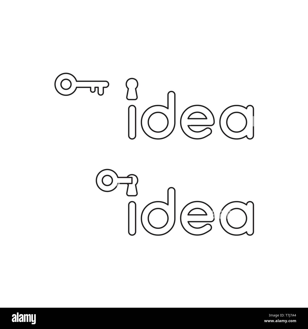 Vector icon concept of idea word with keyhole and key unlock, idea word ...