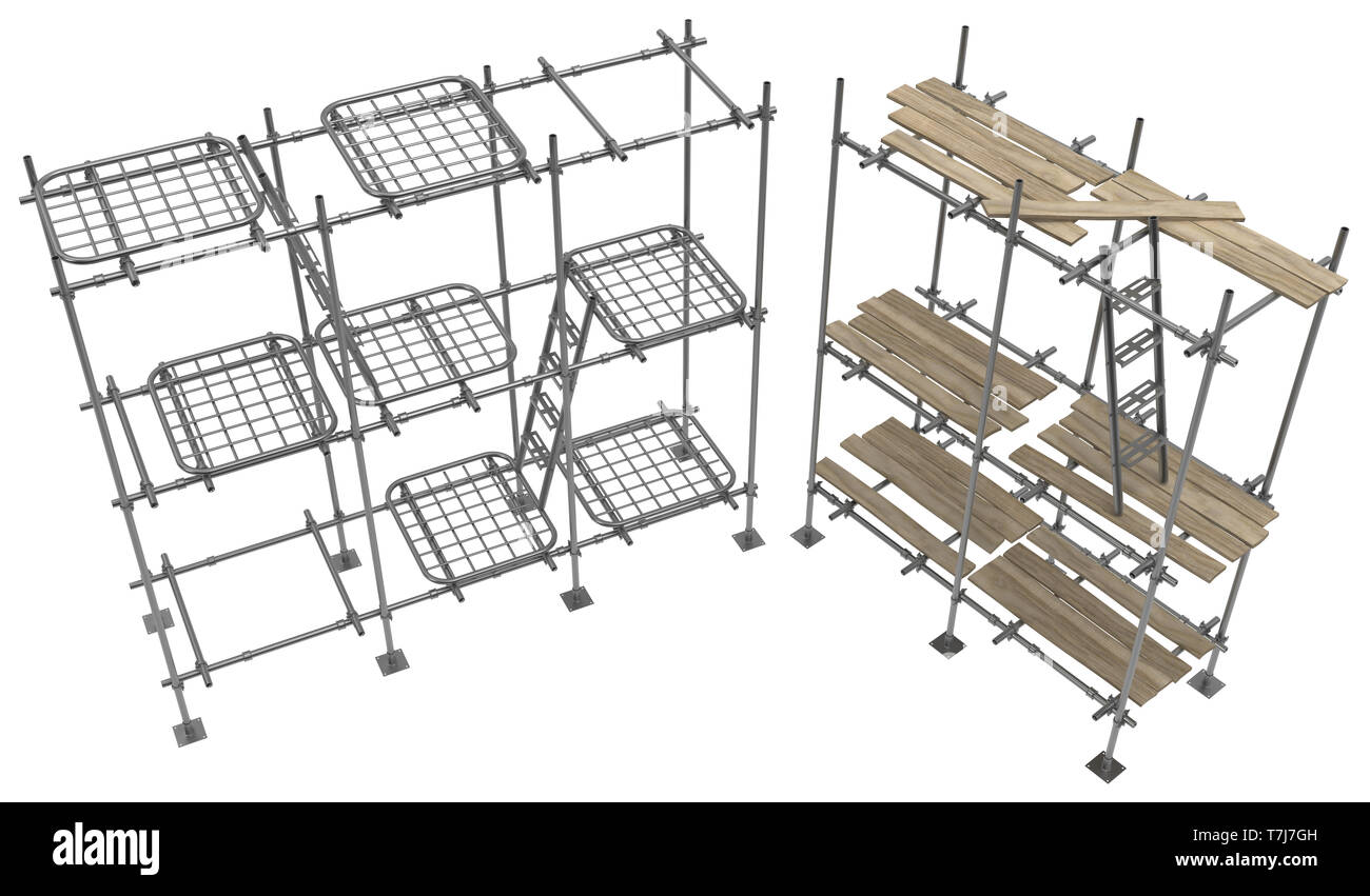 Scaffolding construction metal and wood structure, 3d illustration ...