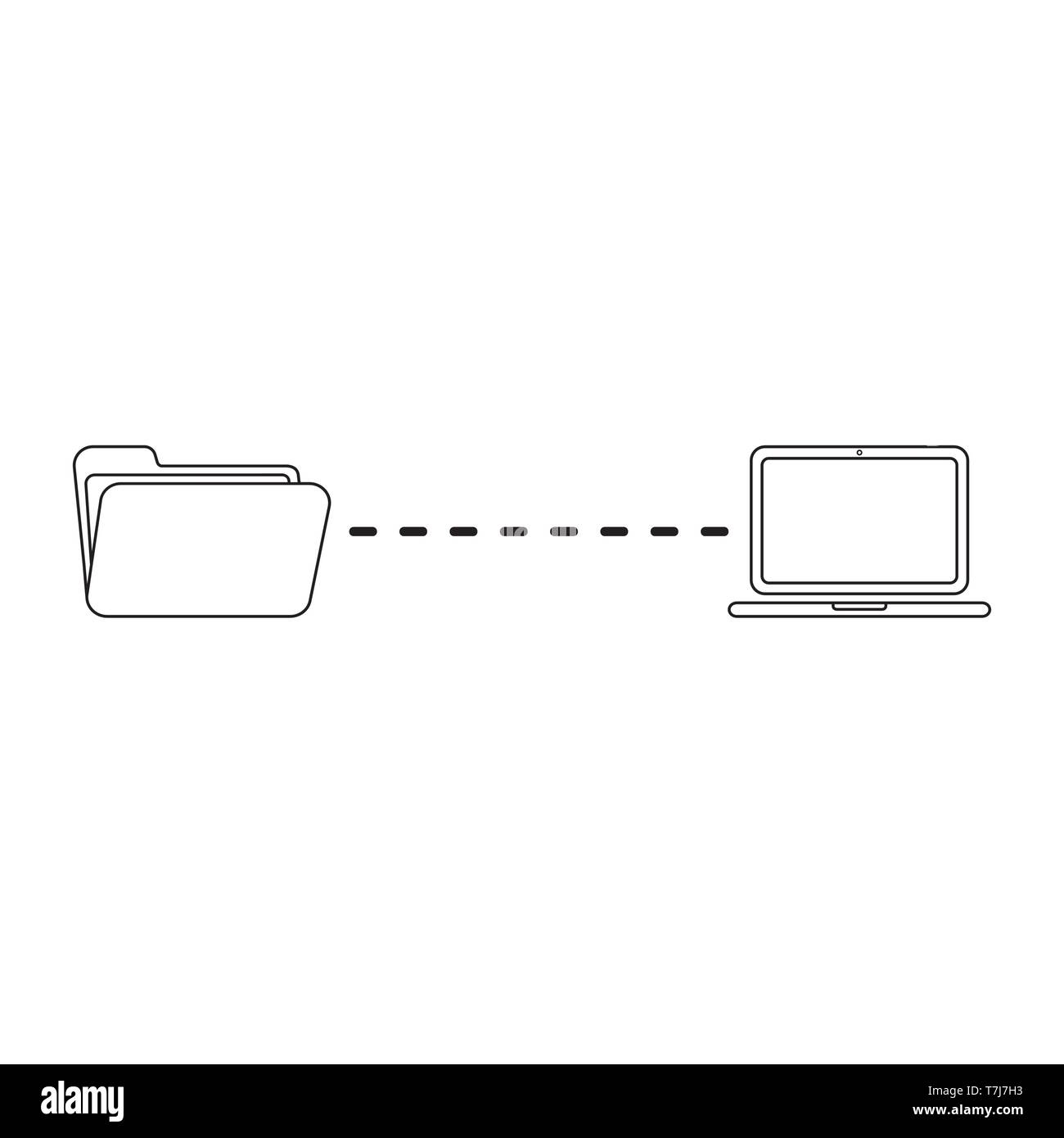 Vector icon concept of file transfer between folder and laptop. Black ...