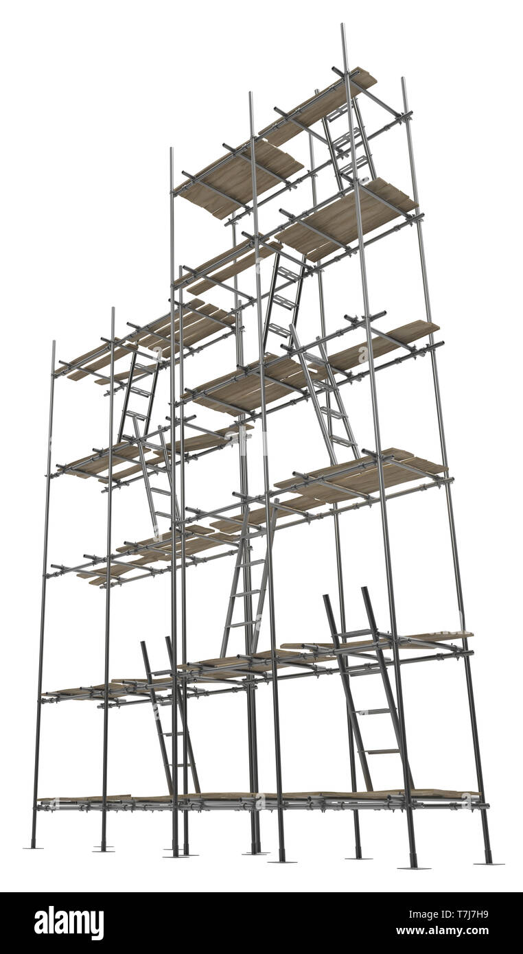 Scaffolding construction high rise view from below, 3d illustration ...