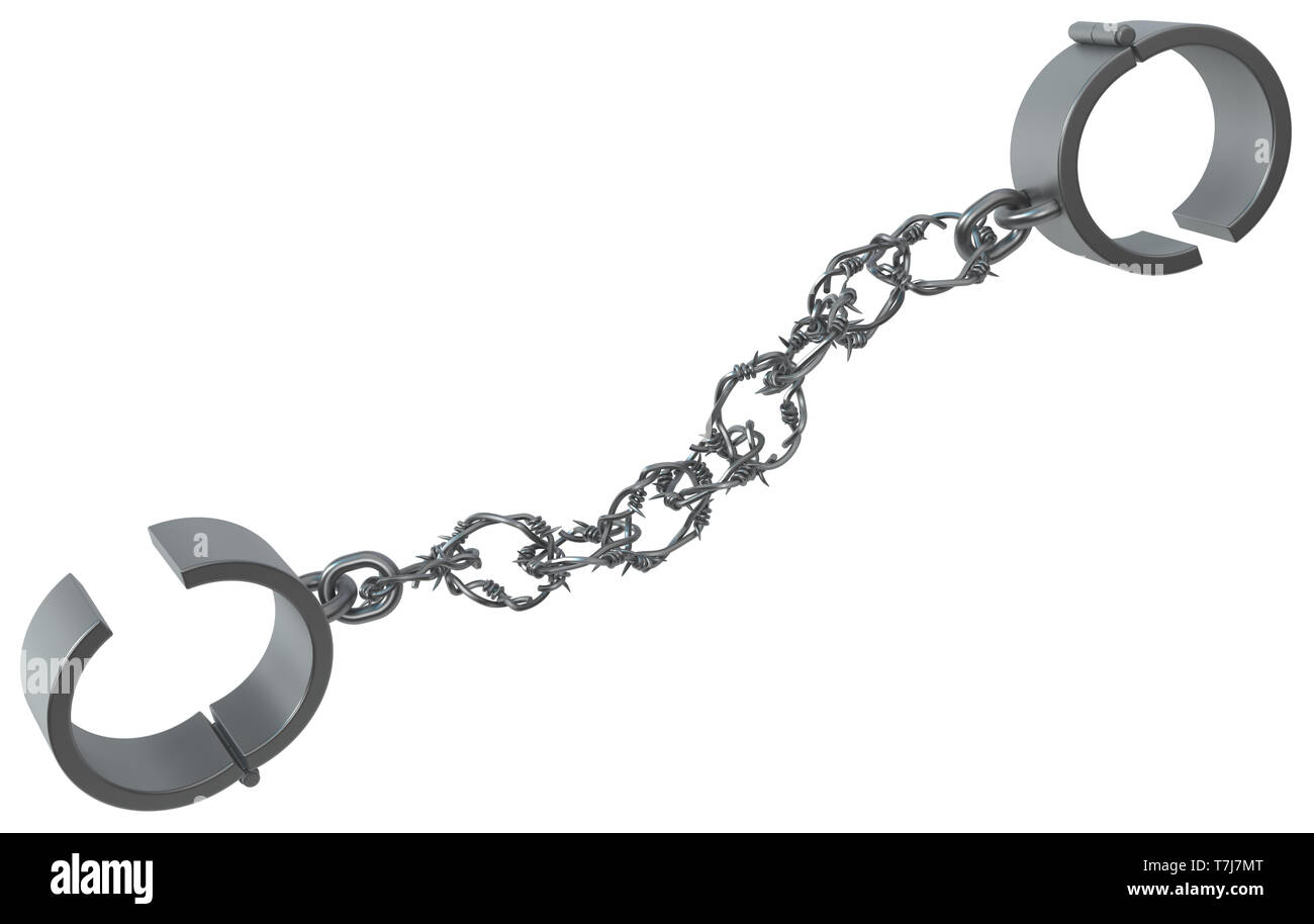 Shackles barbed wire links chain, grey metal 3d illustration, isolated ...