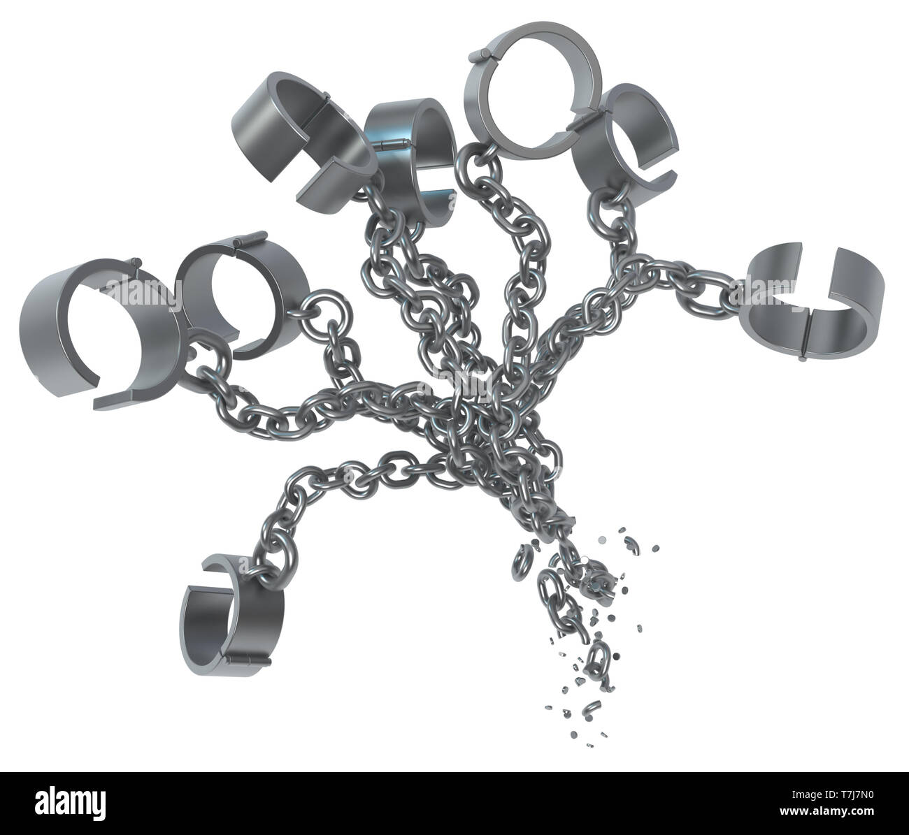 Shackles bunch breaking chain grey metal 3d illustration, isolated ...