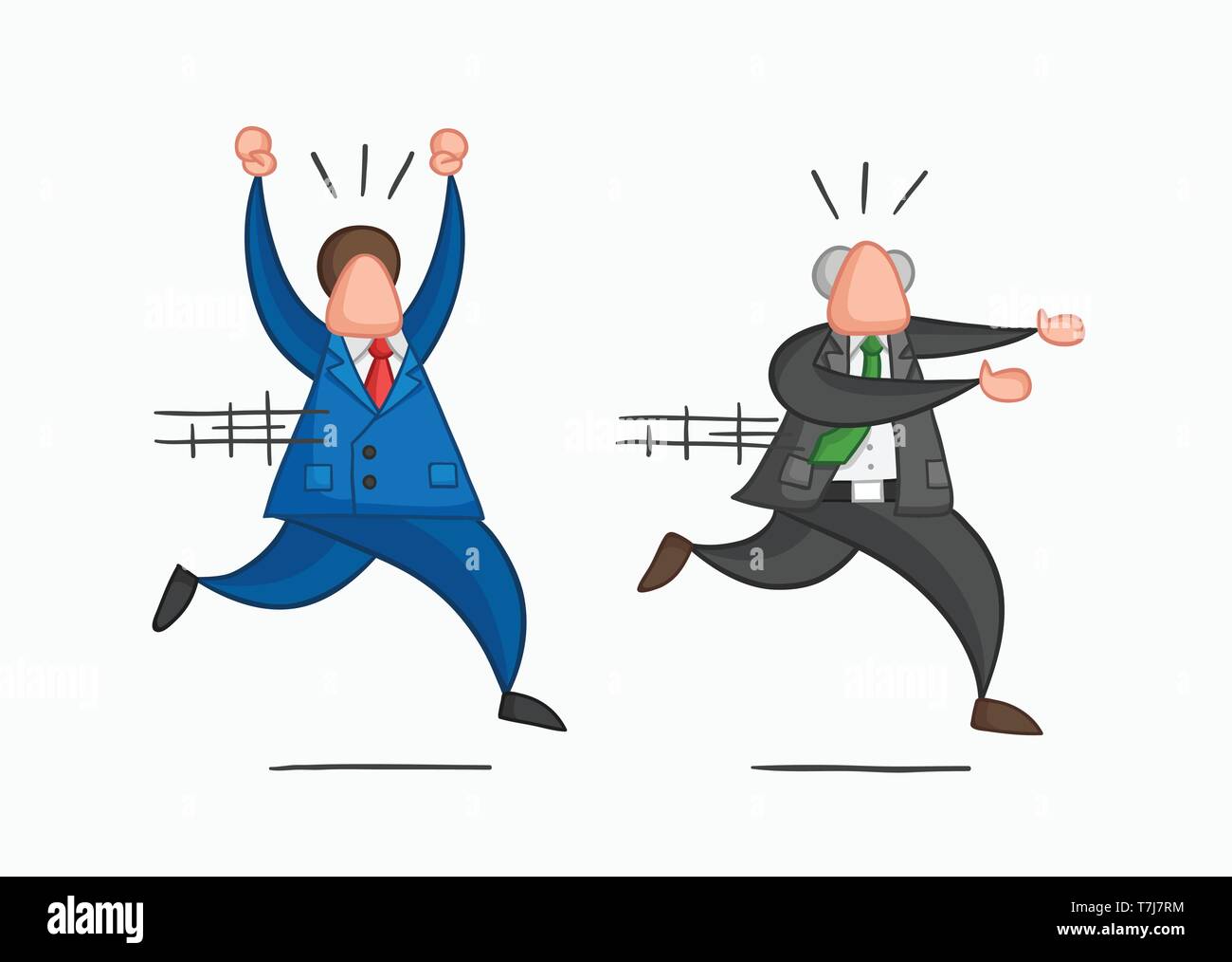 Hand-drawn vector illustration boss runs away from angry businessman ...