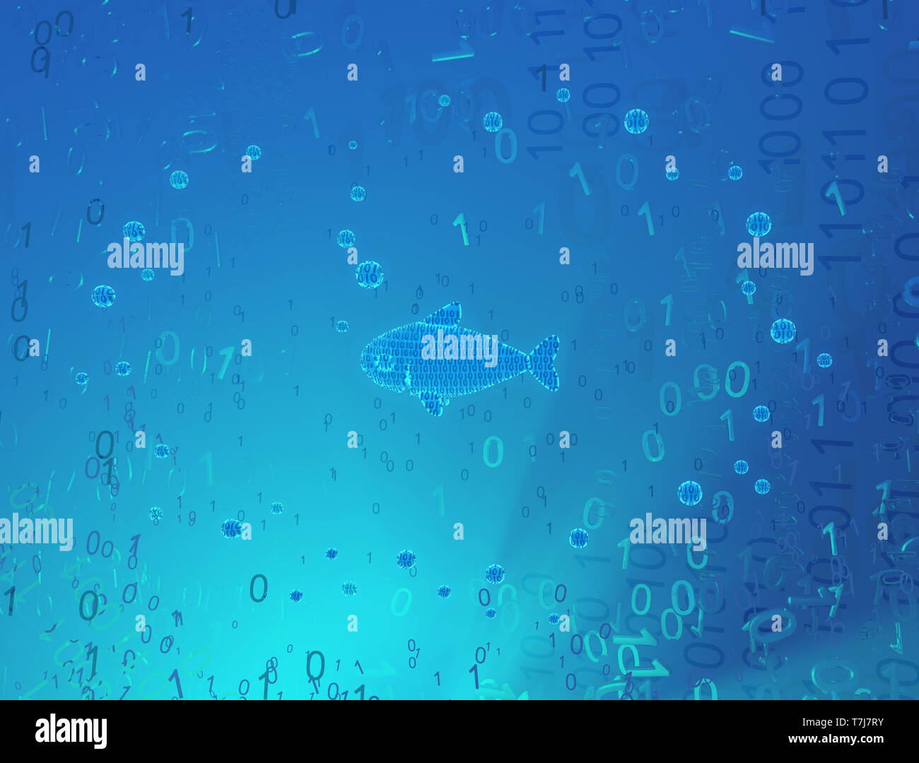 Virtual blue glowing fish swimming in code habitat, one fish center, 3d ...