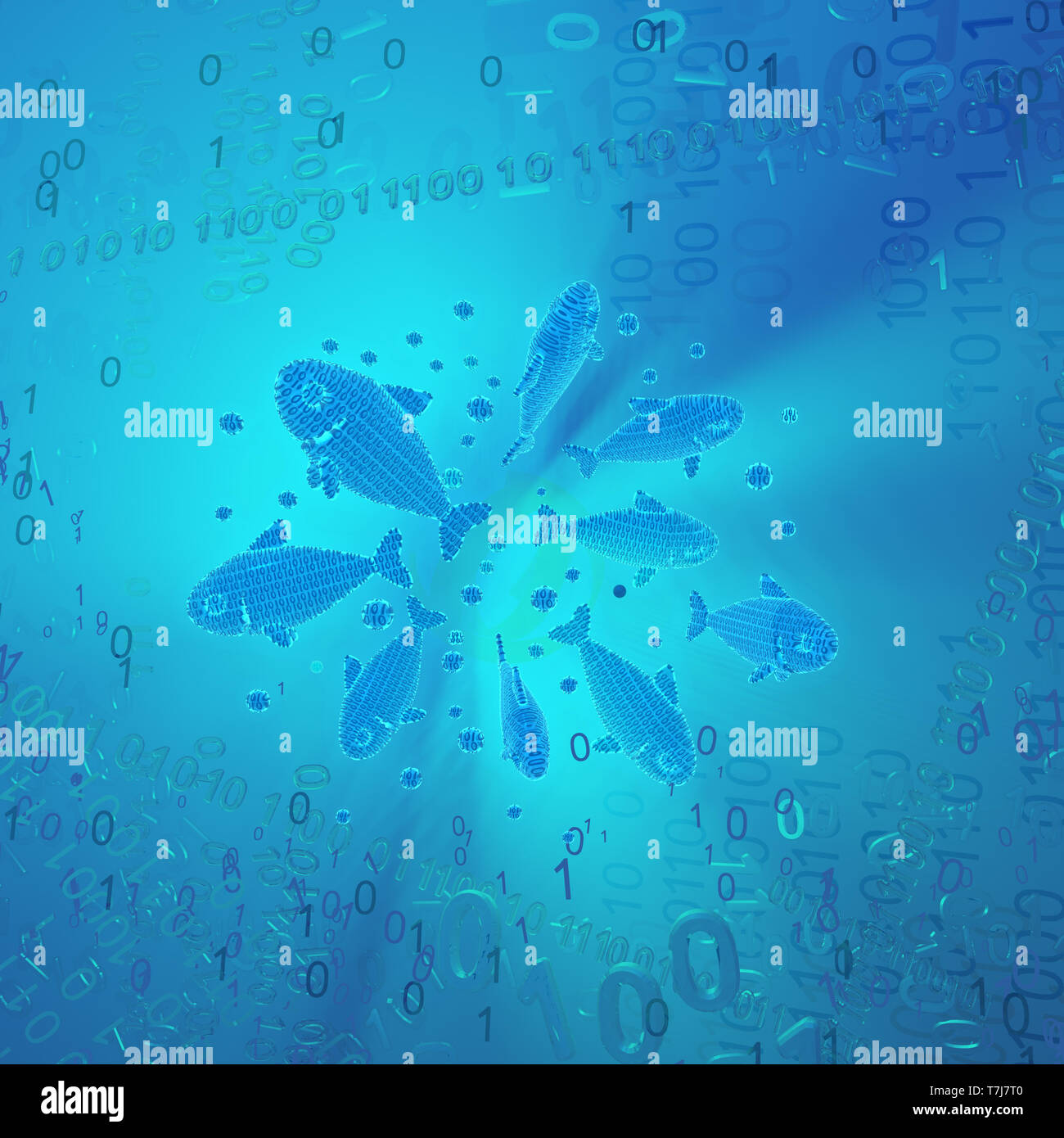 Virtual blue glowing fish swimming in code habitat, appearing spreading ...