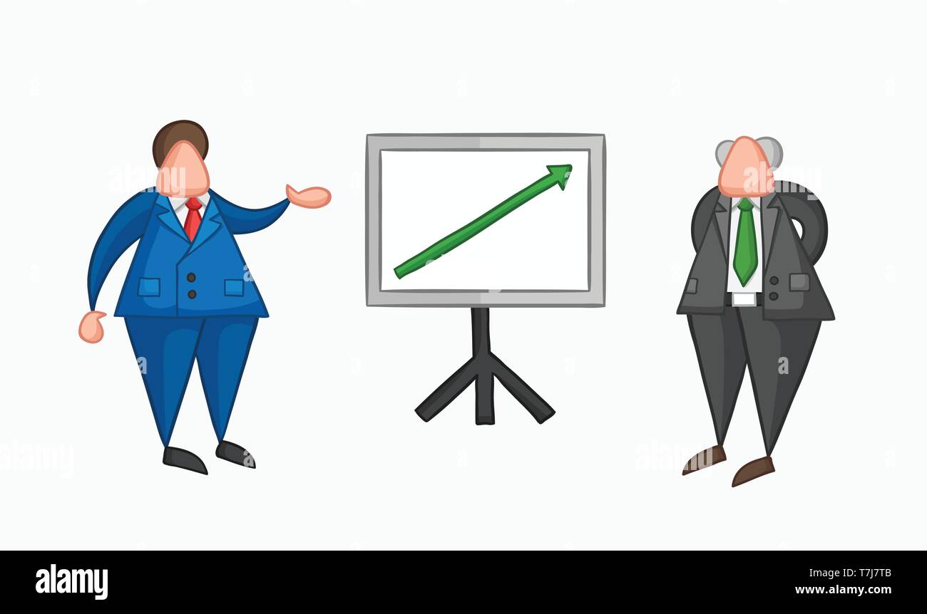 Hand-drawn vector illustration businessman worker showing sales chart ...