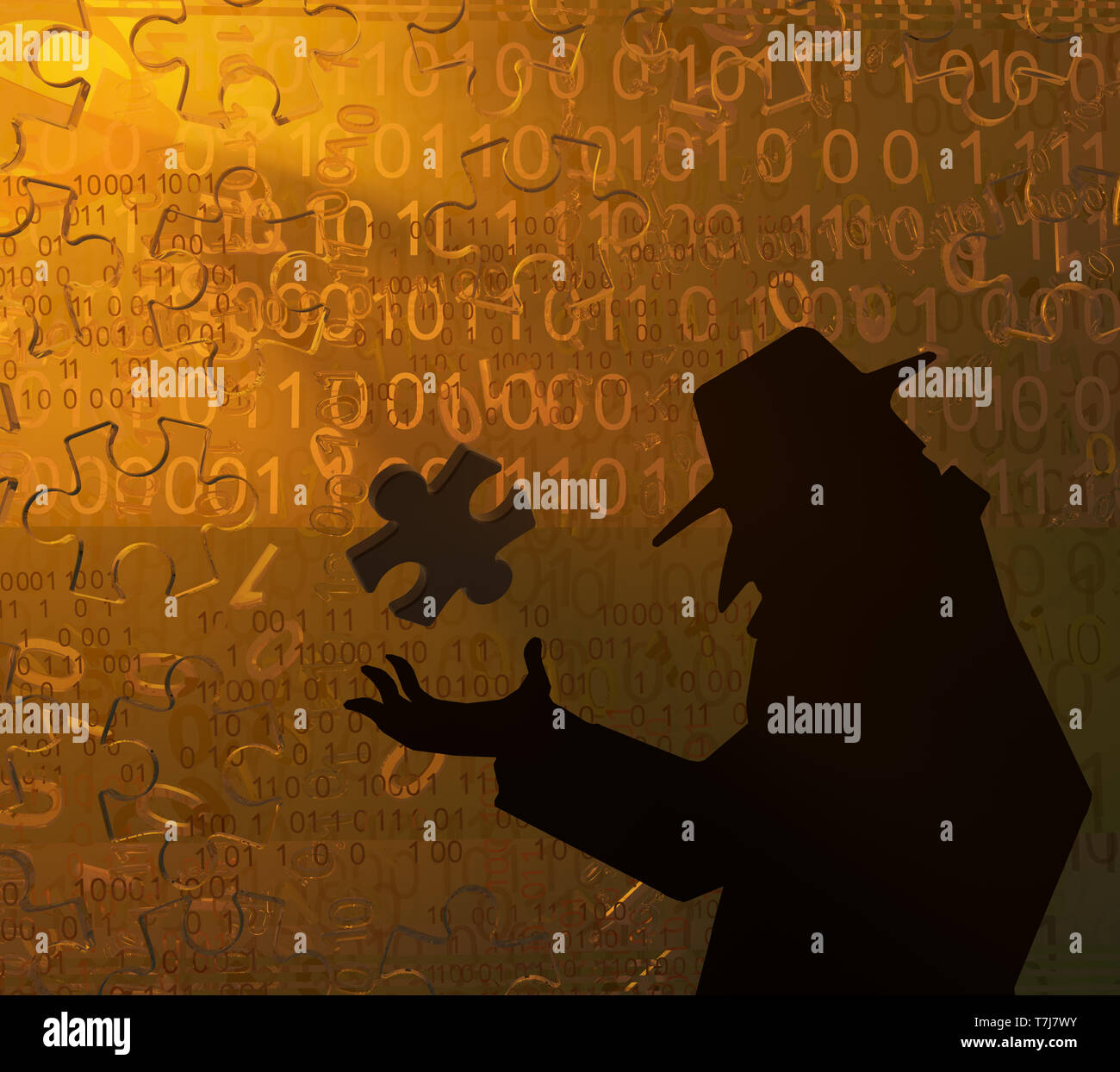 Spy shadow figure with jigsaw puzzle piece unique, orange color ...