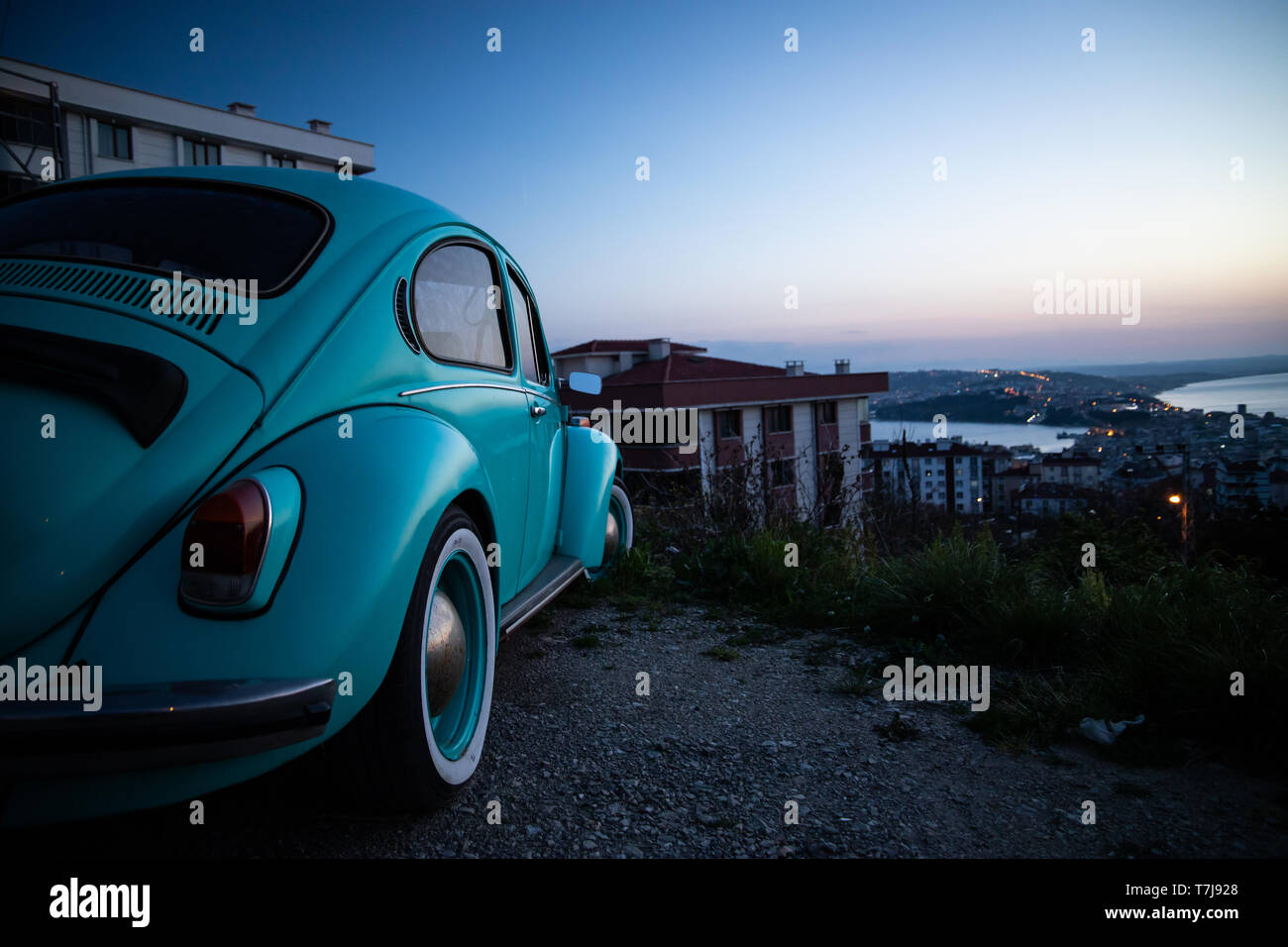 vintage beetle car at sunset, to make a road trip millennial Stock ...