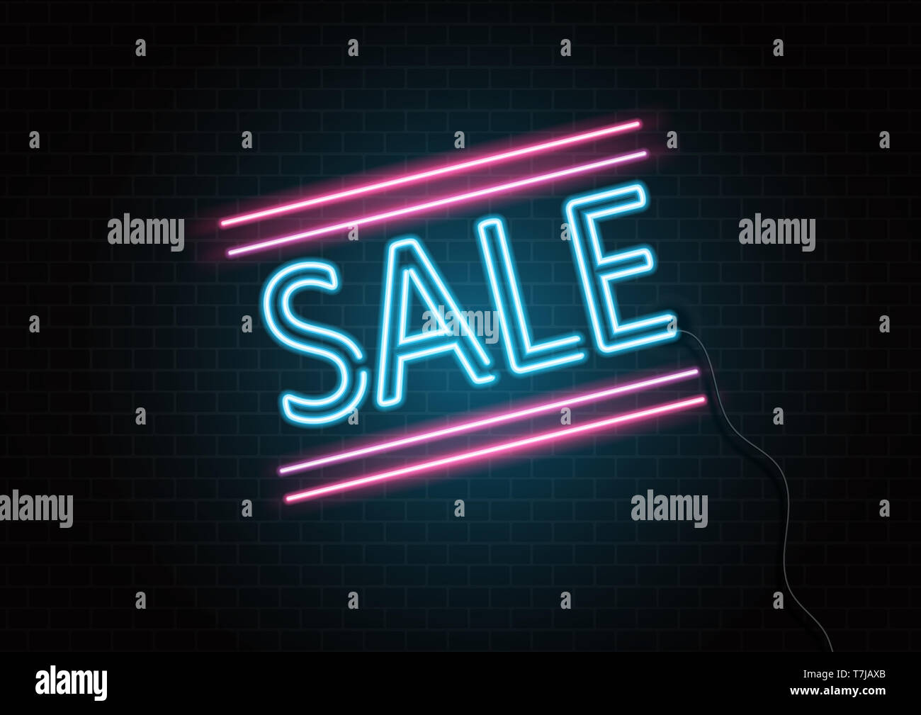 Neon glowing sale sign on a dark brick wall texture Stock Photo - Alamy