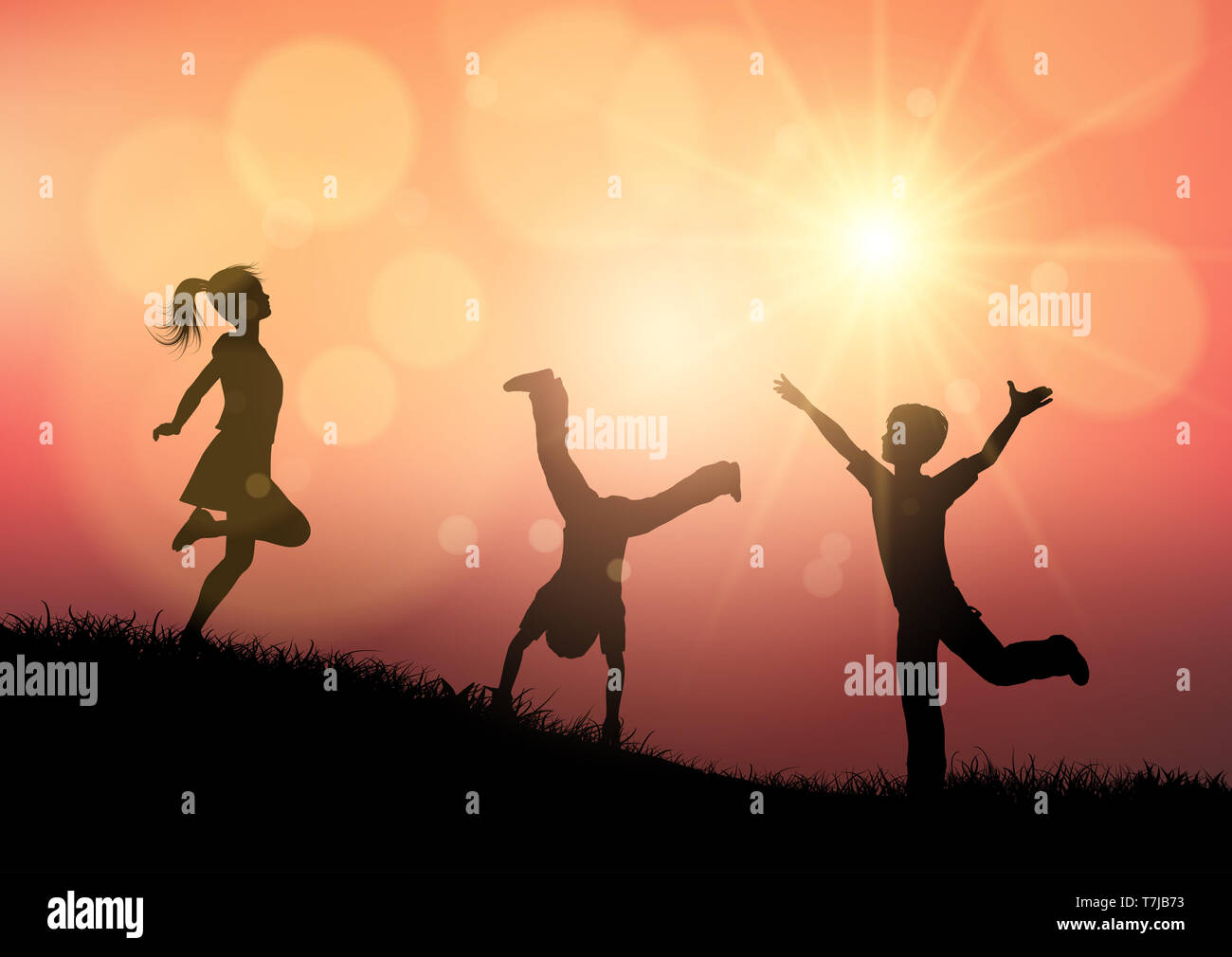 Silhouettes of children playing in a sunset landscape Stock Photo - Alamy